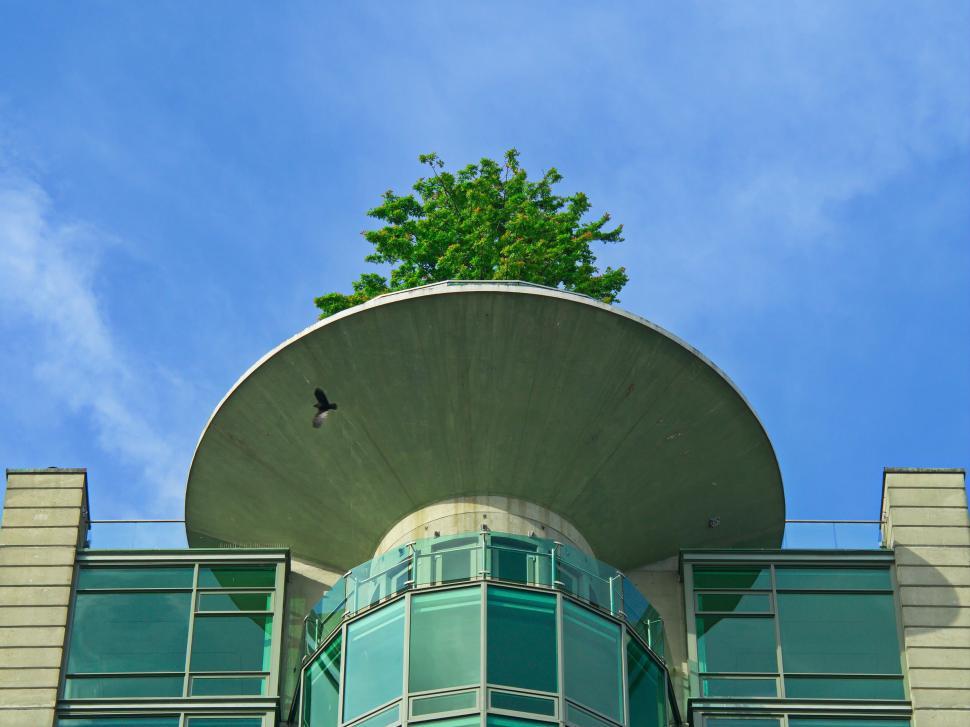 Free Stock Photo of Modern building with green rooftop tree and blue ...