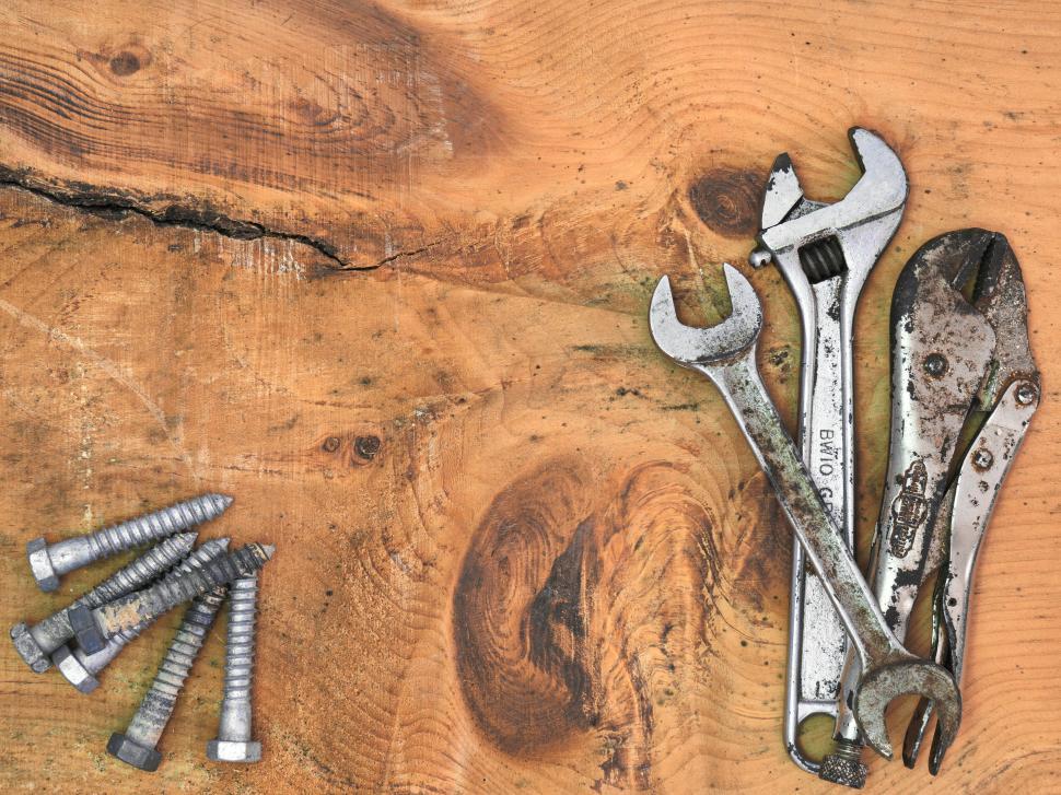 Free Stock Photo of Close-up shot of tools and screws on wooden surface ...