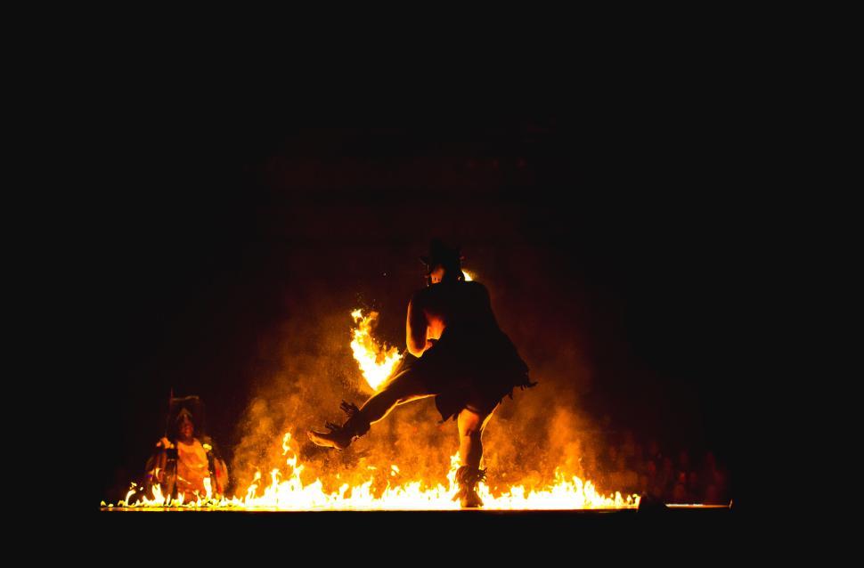 Free Stock Photo of A performer dancing with fire in a dark dramatic ...