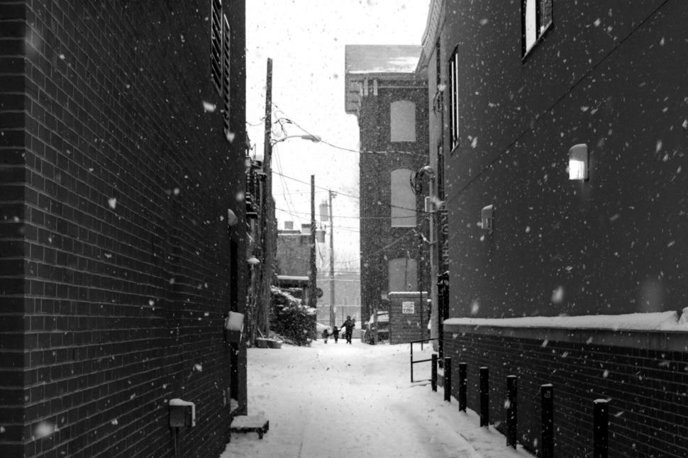 Free Stock Photo of Snowy alleyway between two buildings in wintertime ...