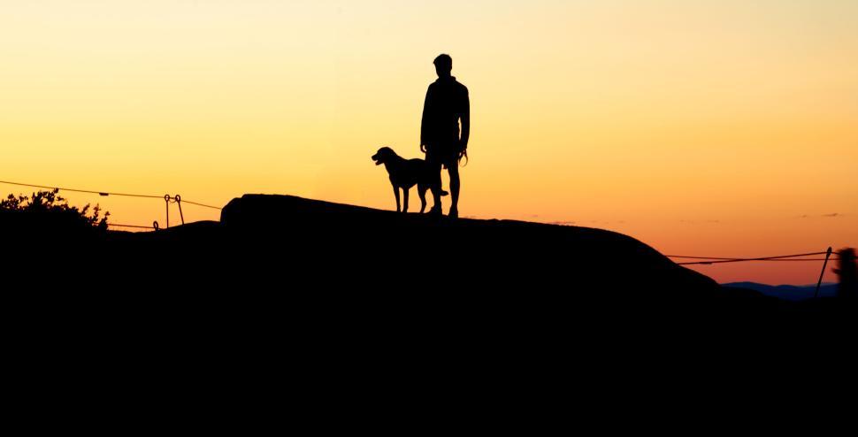 Free Stock Photo of Silhouette of a man and dog against sunset backdrop ...