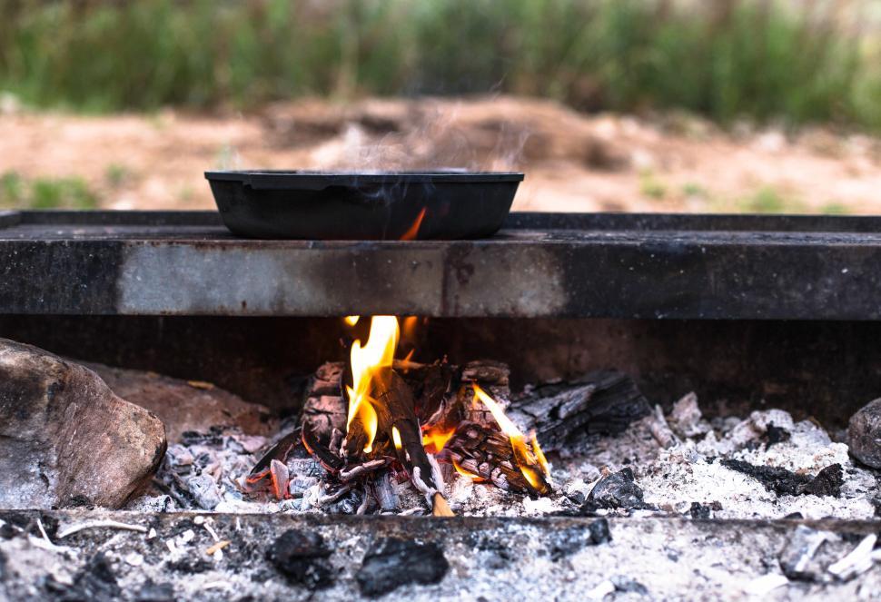 Free Stock Photo of Campfire with pan placed on grill cooking at a ...