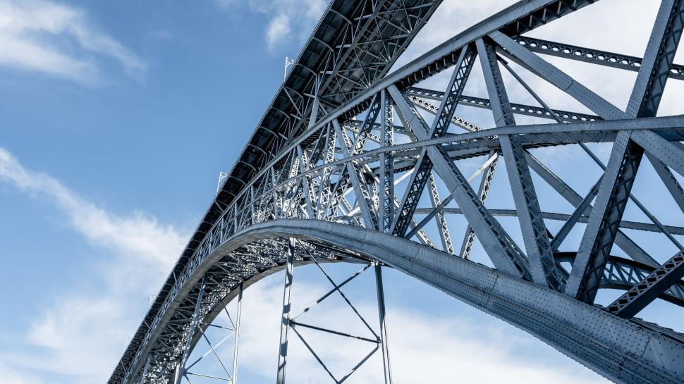 Free Stock Photo of Tall industrial steel bridge under a blue sky view ...