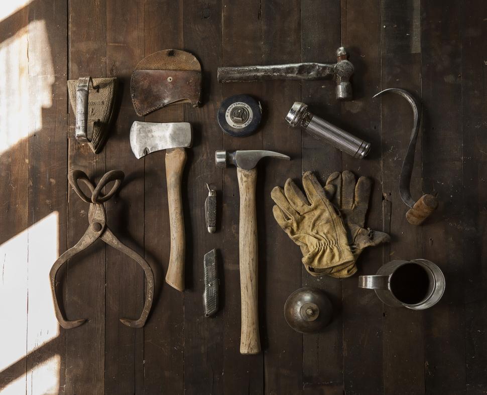 Free Stock Photo of Various hand tools and accessories on wooden ...