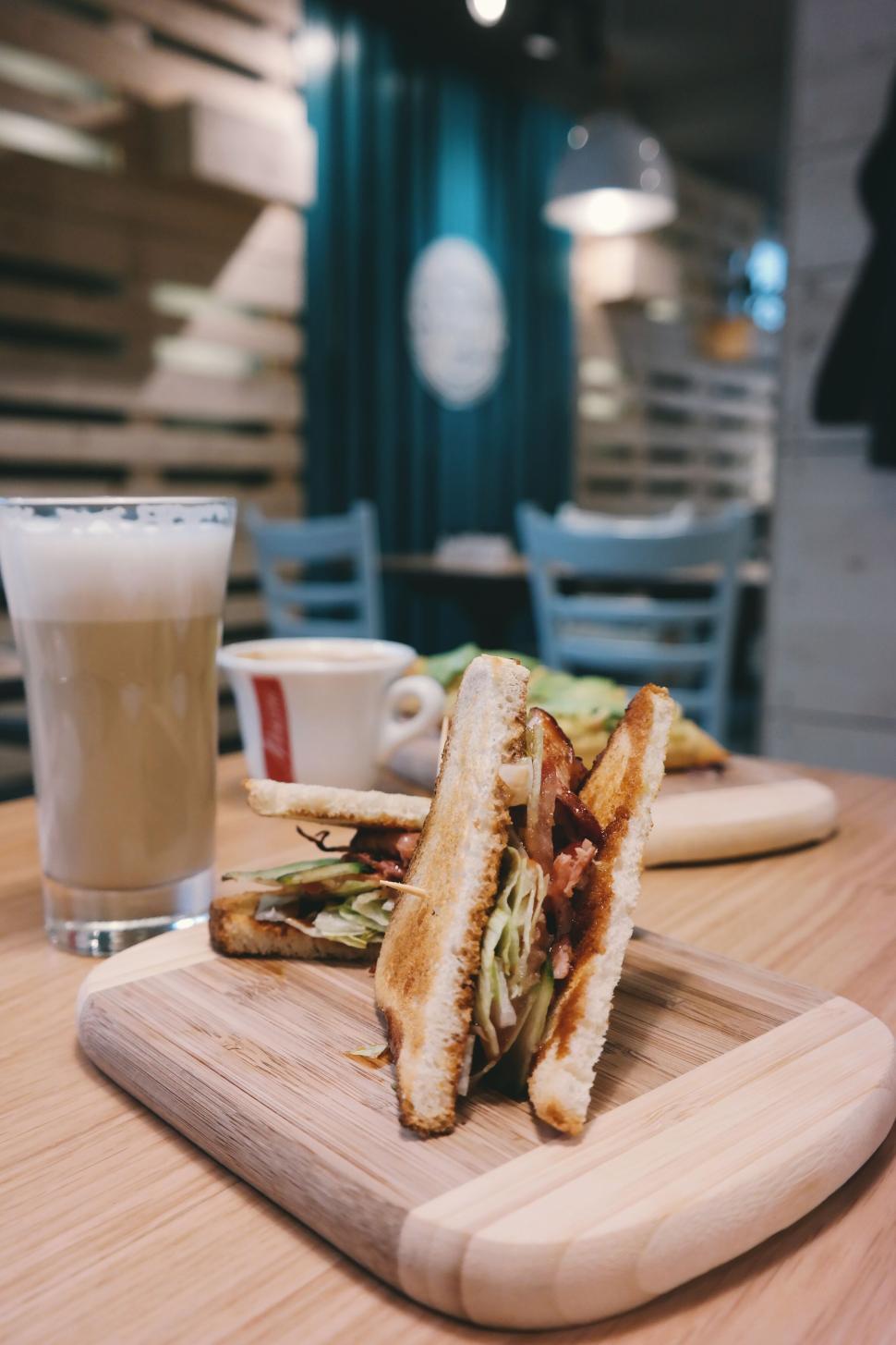 Free Stock Photo of Toasted sandwich and coffee set on a wooden board ...