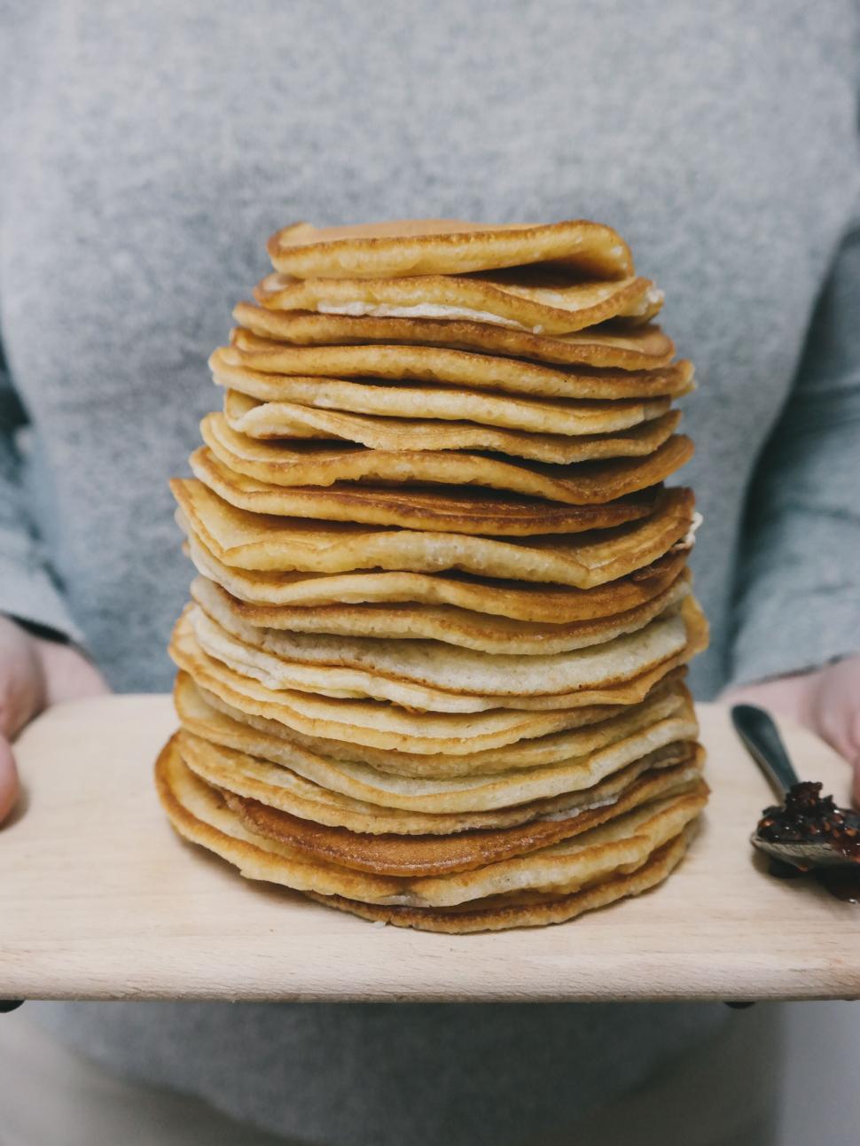 Free Stock Photo of Tall stack of pancakes held on wooden board by ...