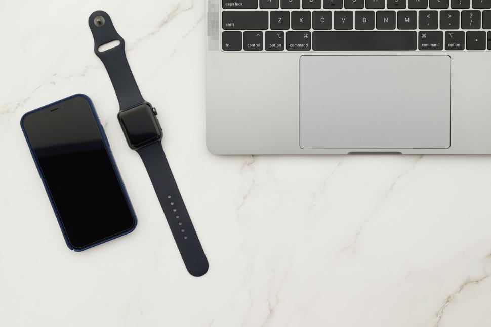 Free Stock Photo of Smartwatch, smartphone, and laptop on marble ...