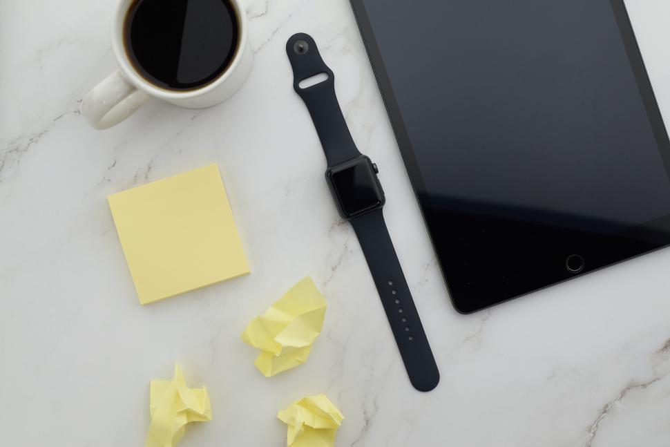 Free Stock Photo of Smartwatch, tablet, coffee, and notes on marble ...