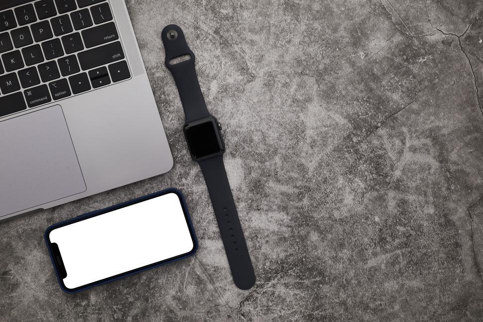 Free Stock Photo of Laptop with smartphone and smartwatch on gray ...