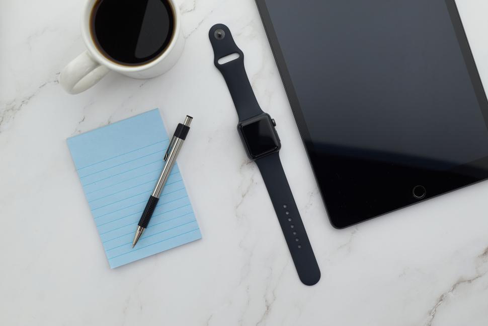 Free Stock Photo of Smartwatch, tablet, notepad, pen, coffee on desk ...