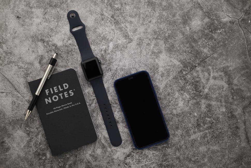 Free Stock Photo of Field notes, pen, smartwatch, smartphone on surface ...
