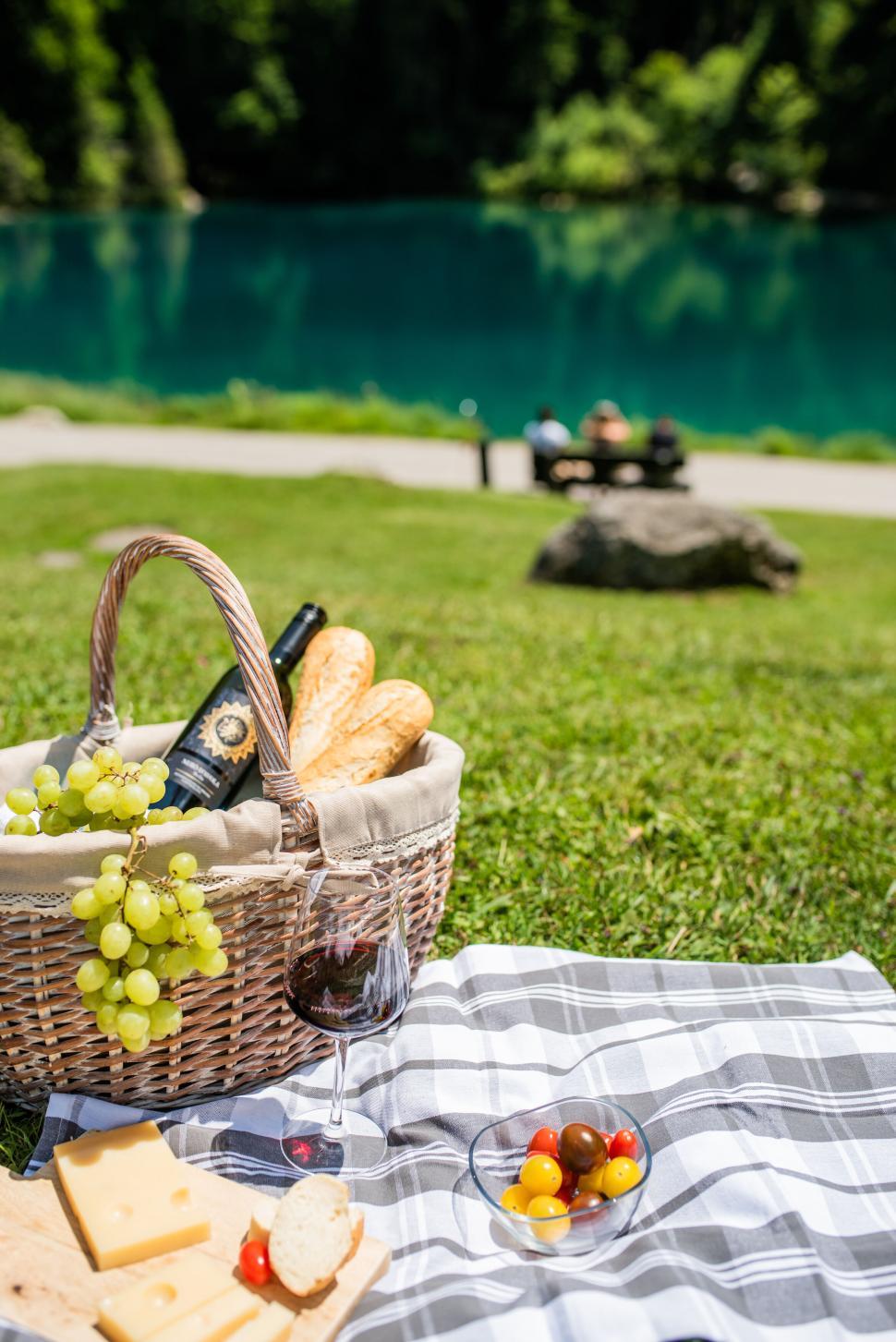 Free Stock Photo of Picnic setup with wine, cheese, bread by tranquil ...