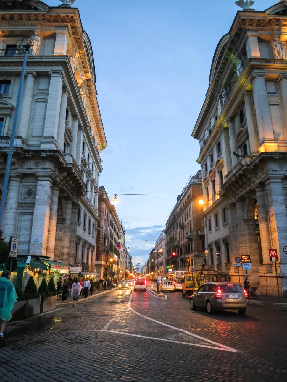 Free Stock Photo of Evening urban street view with lit historic ...