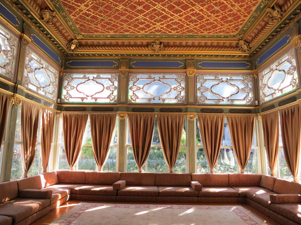 Free Stock Photo of Luxurious sunlit room with elaborate golden ceiling ...