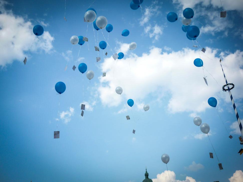 Free Stock Photo of Blue and white balloons released into the sky ...
