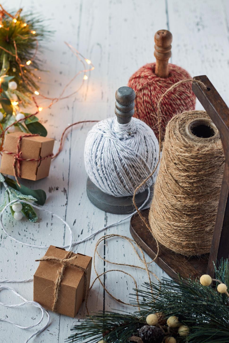 Free Stock Photo of Various threads and decorations on a rustic table ...