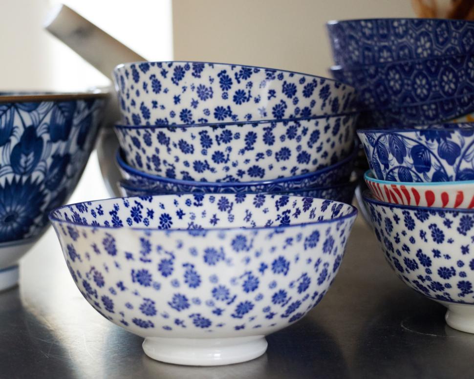 Free Stock Photo of Stack of blue floral patterned ceramic bowls ...