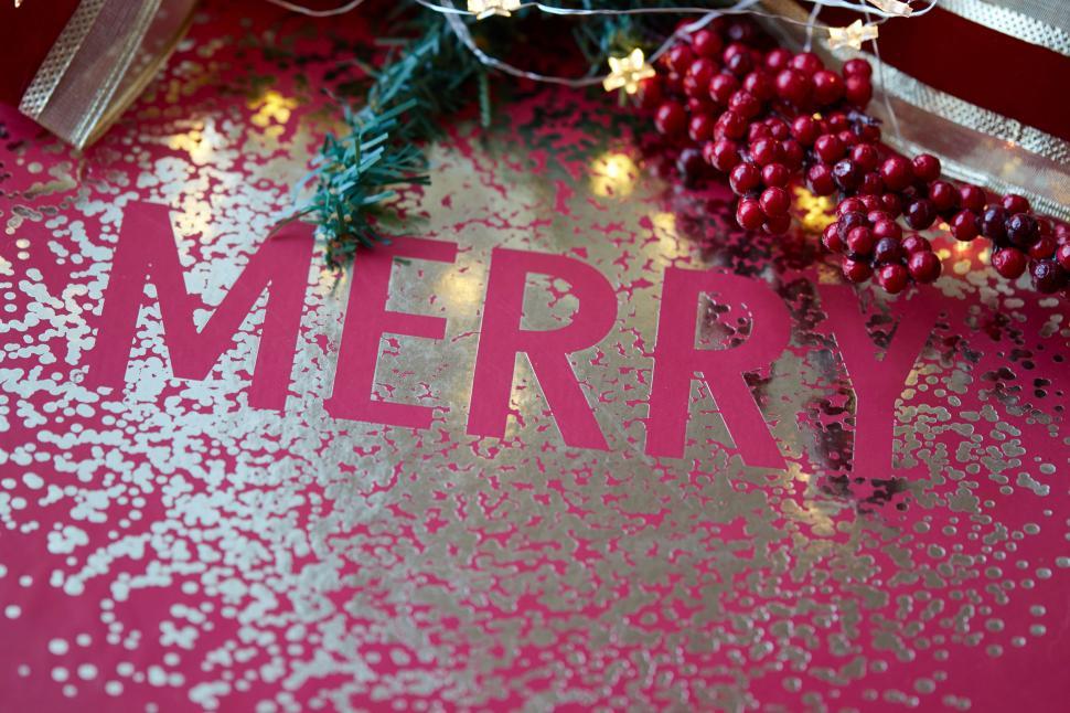 Free Stock Photo of Festive Merry sign with berries and lights decor ...