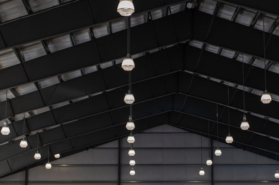 Free Stock Photo of Modern industrial warehouse ceiling with lights on ...
