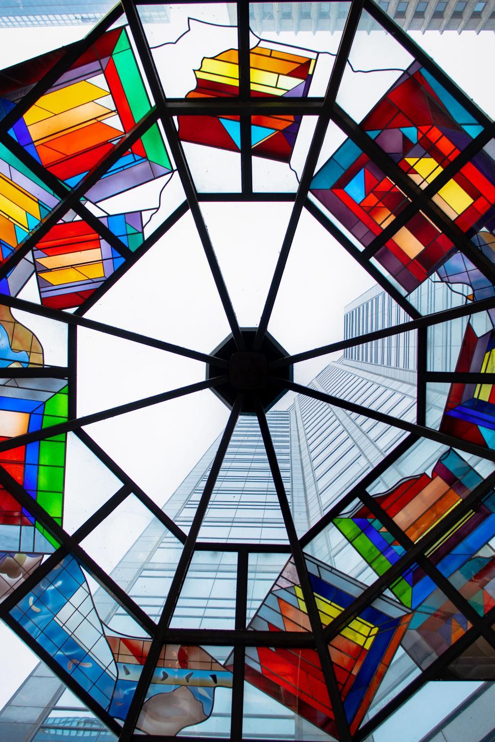 Free Stock Photo of Colorful stained glass ceiling with cityscape ...