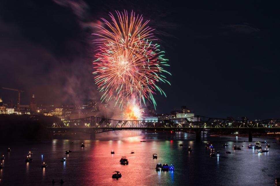 Free Stock Photo of Colorful fireworks illuminate night sky over river ...