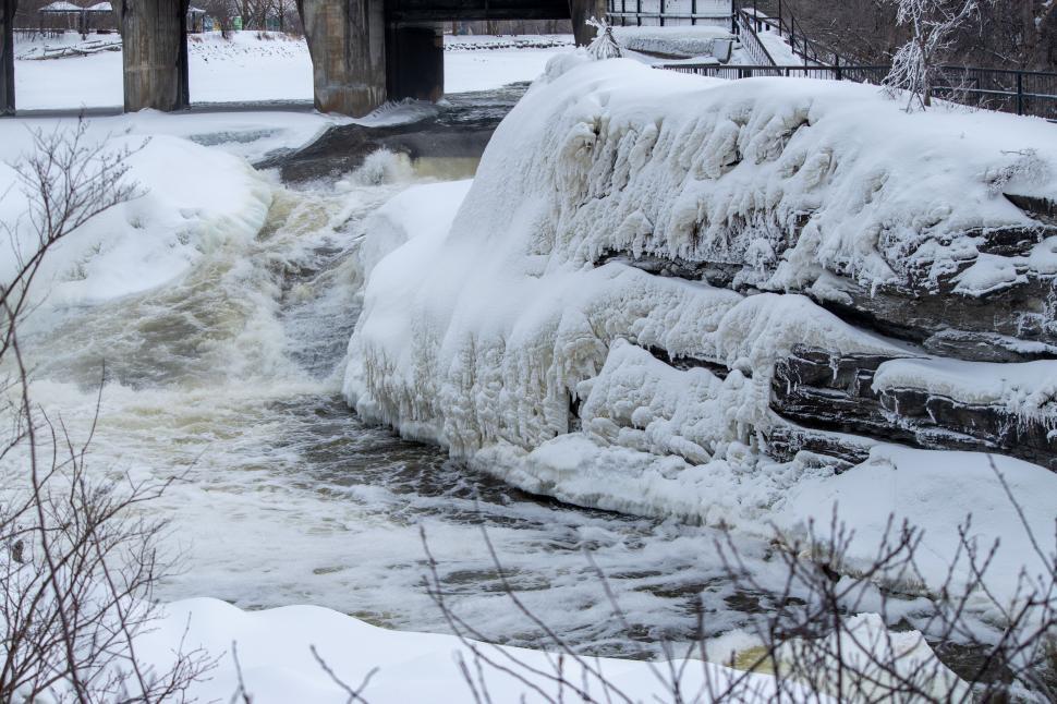 Free Stock Photo of Snow-covered waterfall with rocks, showing winter ...