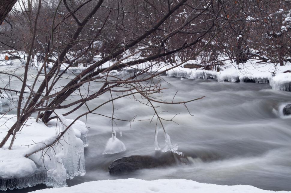 Free Stock Photo of Winter stream with snowy banks and ice formations ...