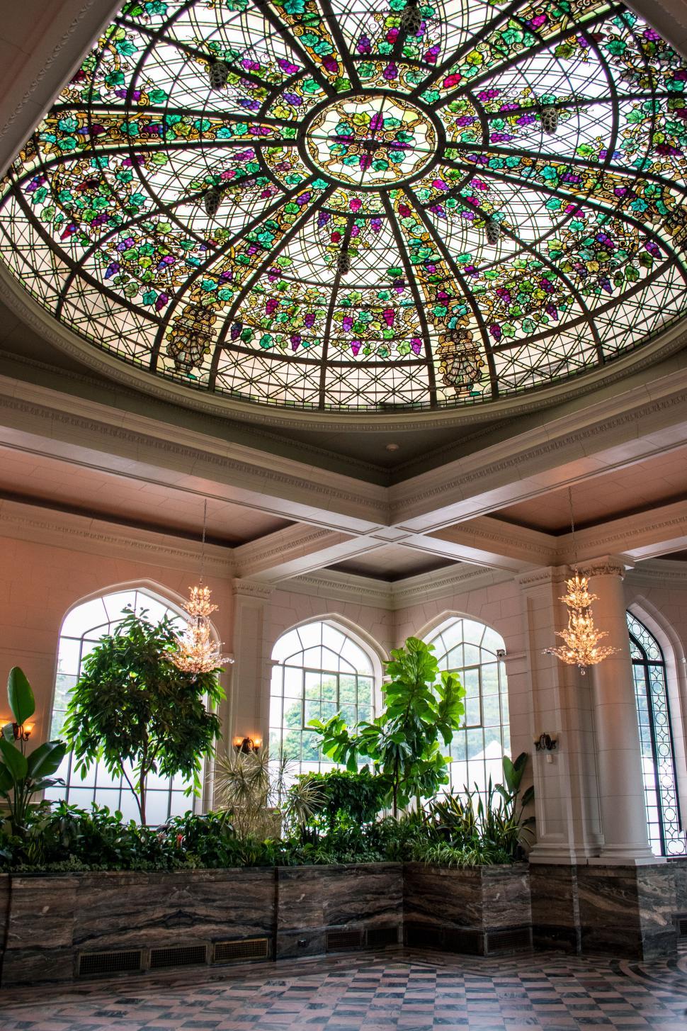 Free Stock Photo of Intricate stained glass ceiling dome in a lush ...