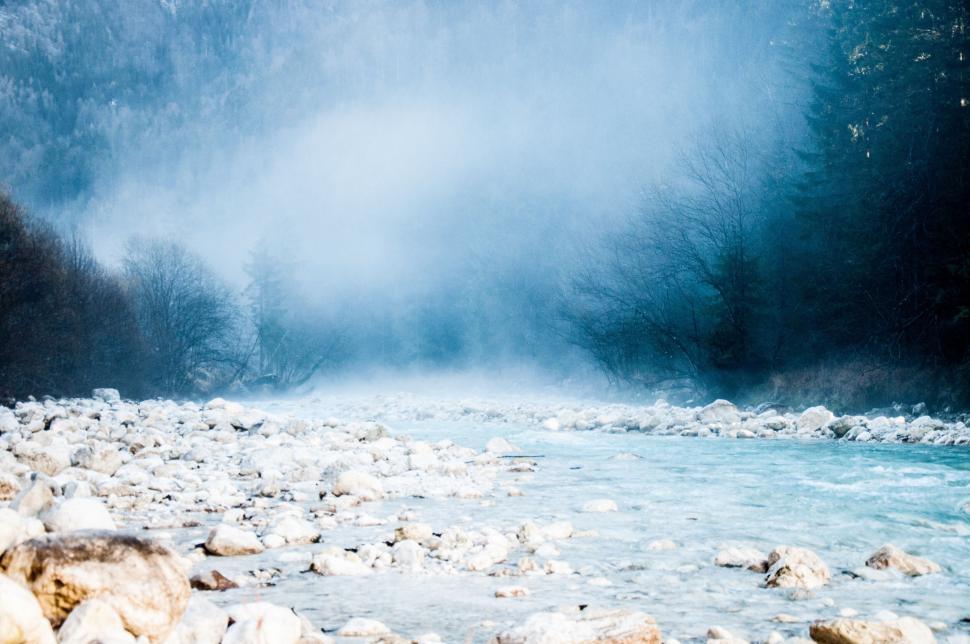 Free Stock Photo of Mist rising over rocky riverbed in winter forest ...