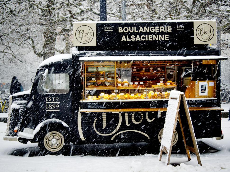 Free Stock Photo of Winter scene of a bakery truck in a snowy landscape ...