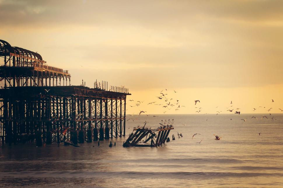Free Stock Photo of Old pier structure with sea and sky at sunset time ...