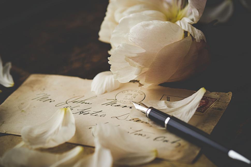 Free Stock Photo of A vintage letter with petals and a fountain pen ...