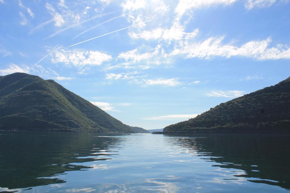 Free Stock Photo of Calm lake under clear sky nestled between two hills ...