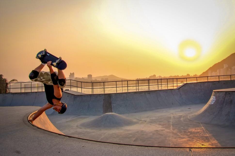 Free Stock Photo of Sunset skateboard trick at urban skate park ramp ...