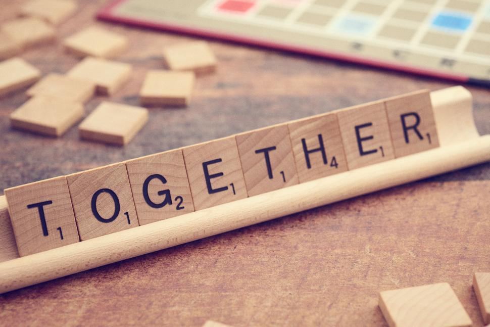Free Stock Photo of Wooden letter tiles forming the word together on ...