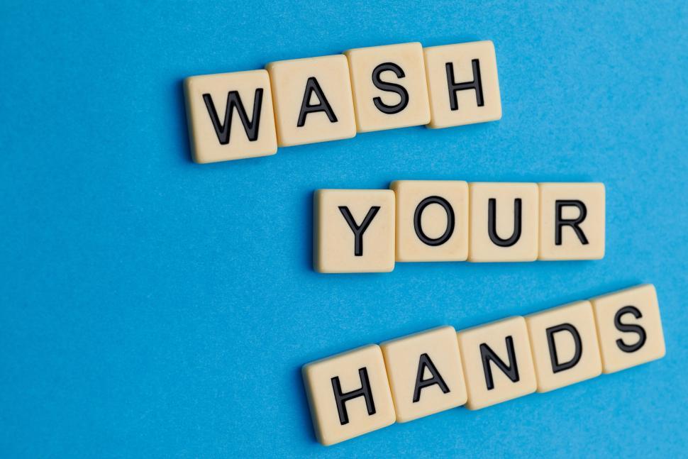Free Stock Photo of Scrabble tiles spelling out WASH YOUR HANDS on blue ...