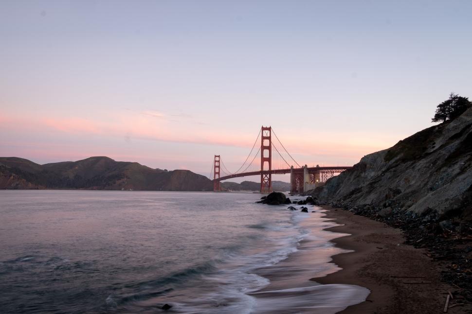 Free Stock Photo of Golden Gate Bridge at sunset with calm beach in ...