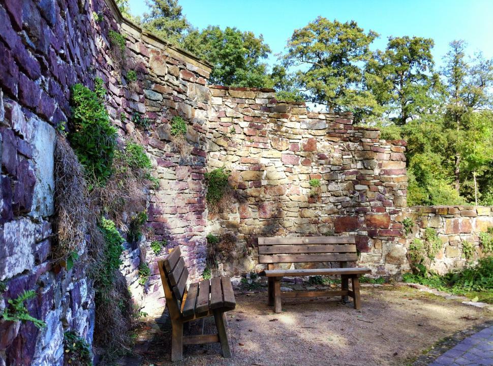 Free Stock Photo of Two park benches before a historical wall ruin ...