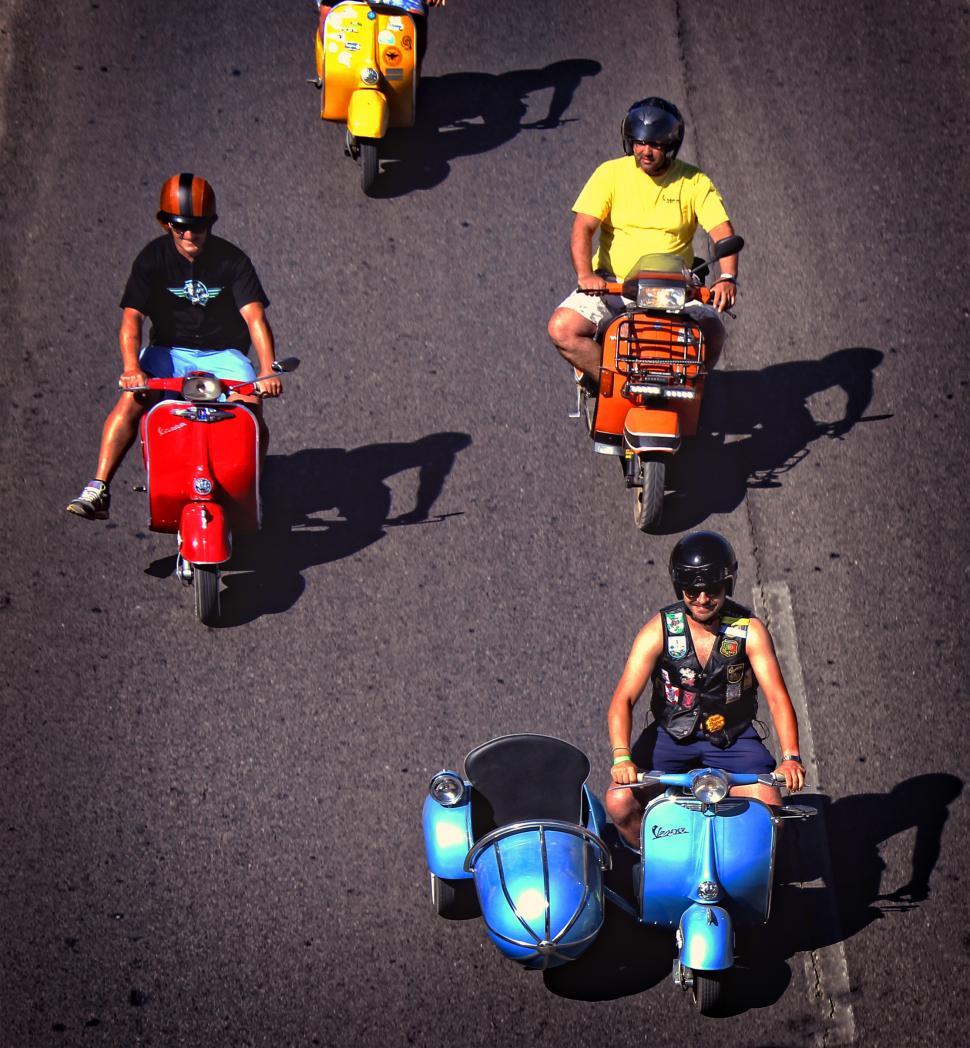 Free Stock Photo of Colorful group of bikers riding vintage italian ...
