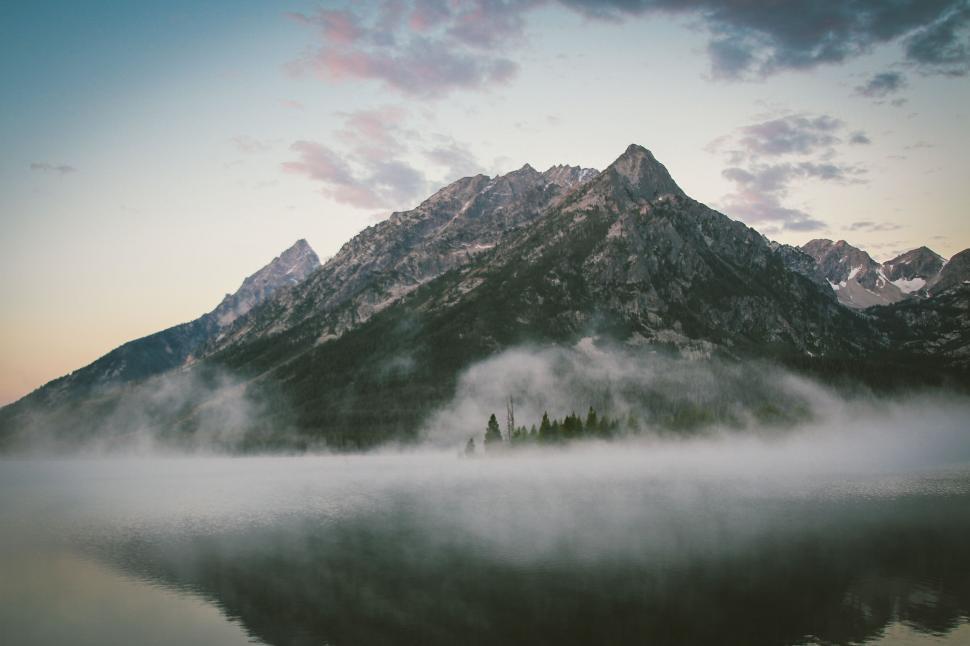 Free Stock Photo of Fog-Covered Mountain by Water | Download Free ...