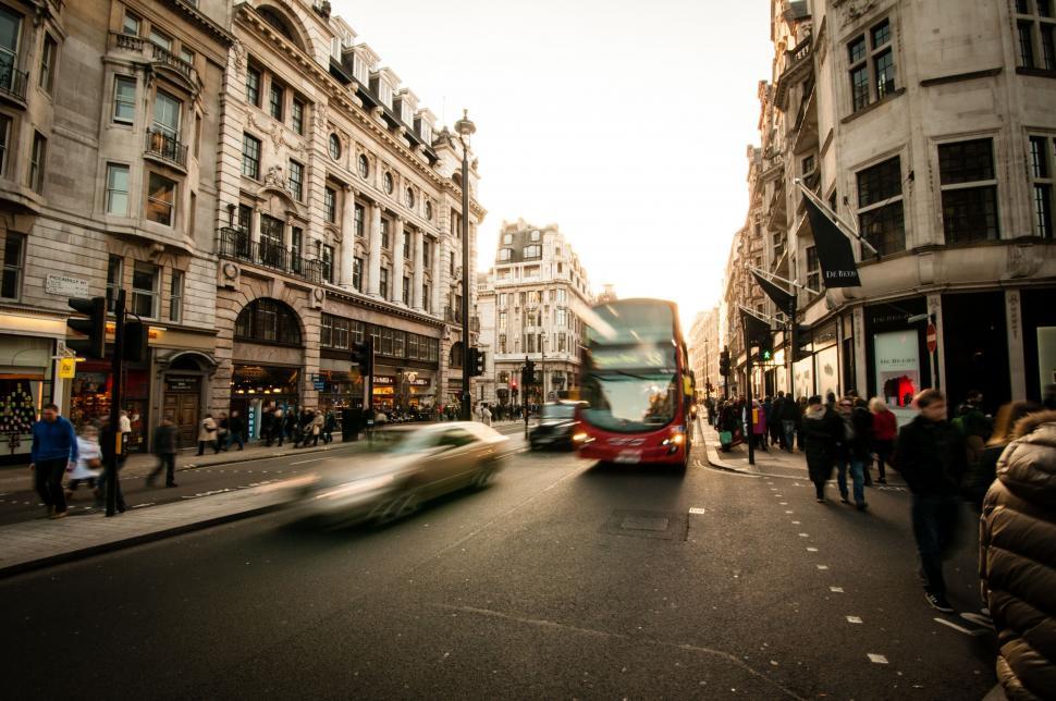 Free Stock Photo of Double Decker Bus Driving Through Busy City Street ...