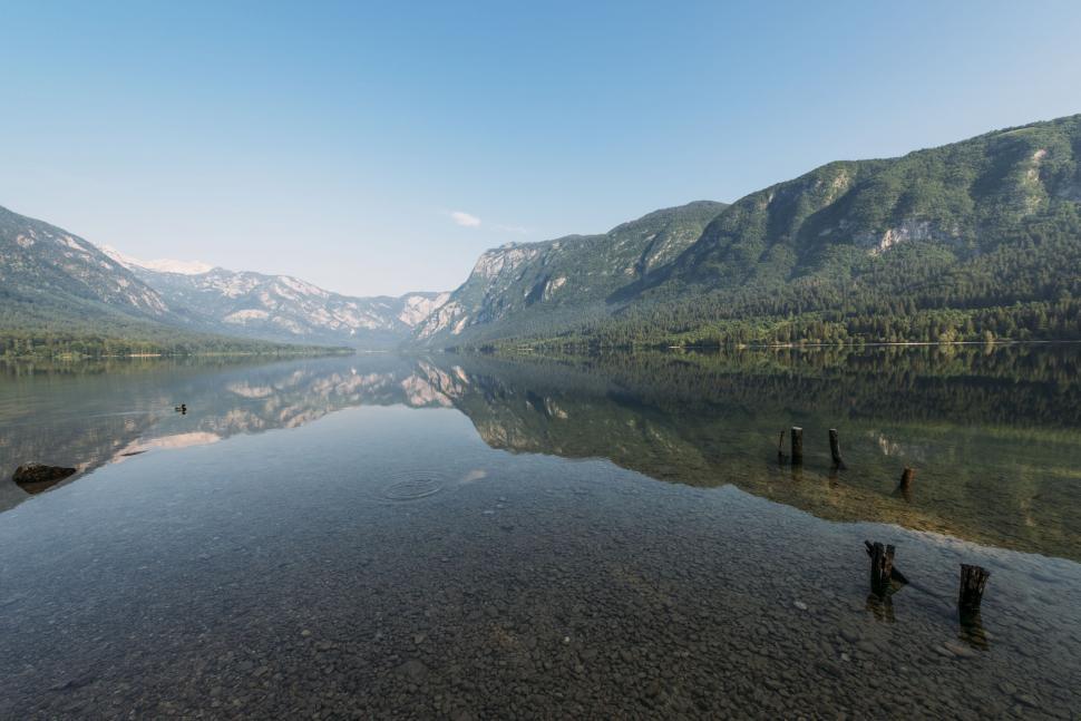 Free Stock Photo of Majestic Mountain Lake Surrounded by Peaks ...