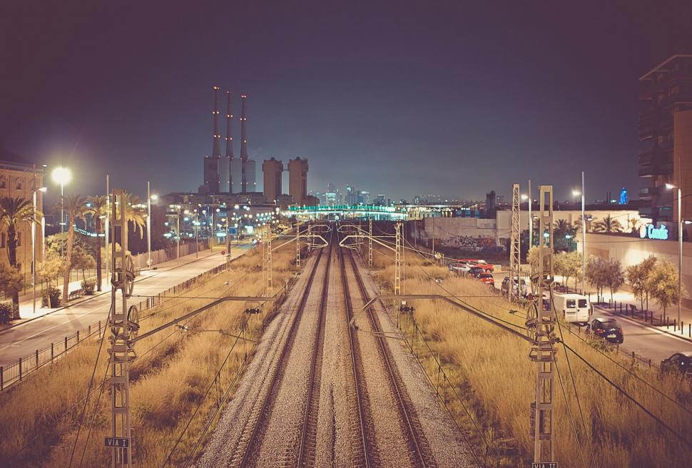 Free Stock Photo of Train Track Running Through City at Night ...