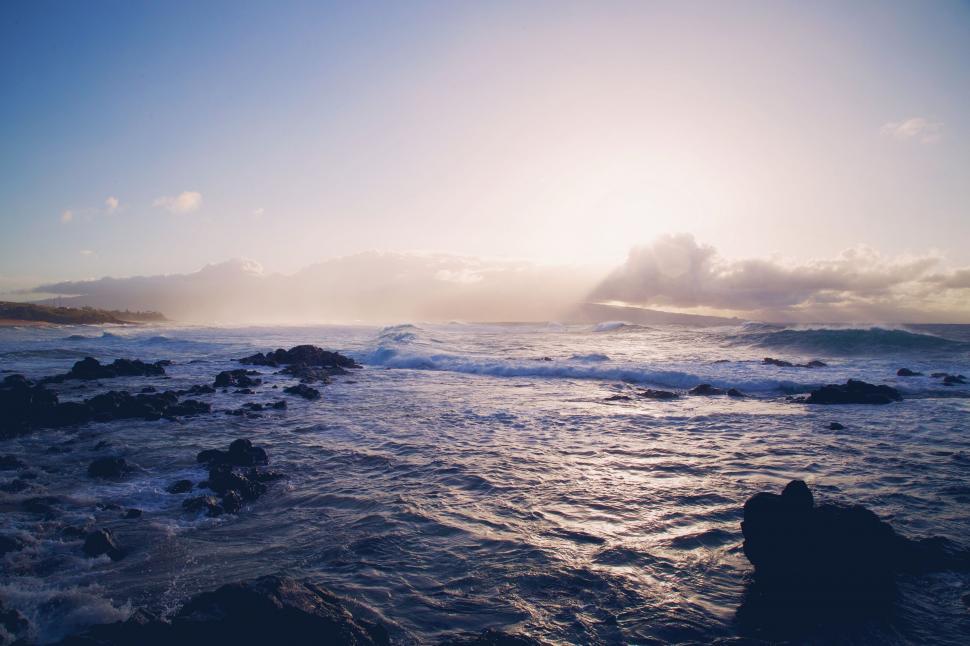 Free Stock Photo of Sun Shining Over Ocean and Rocks | Download Free ...