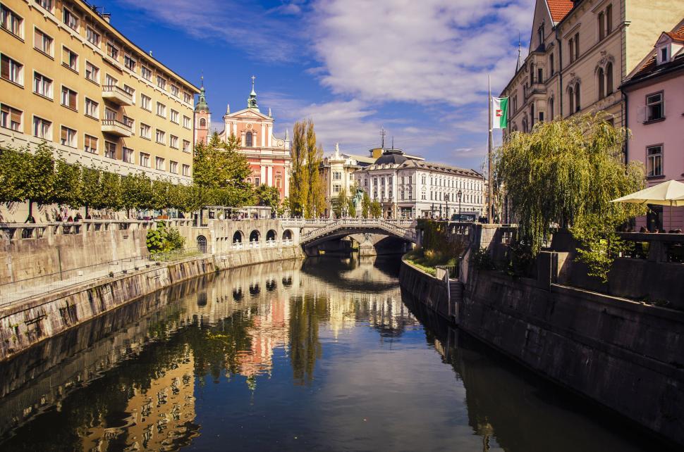 Free Stock Photo of River Running Through City Next to Tall Buildings ...