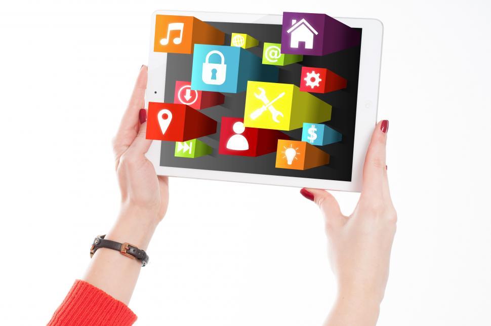 Free Stock Photo of Woman Holding Tablet with App Icons | Download Free ...