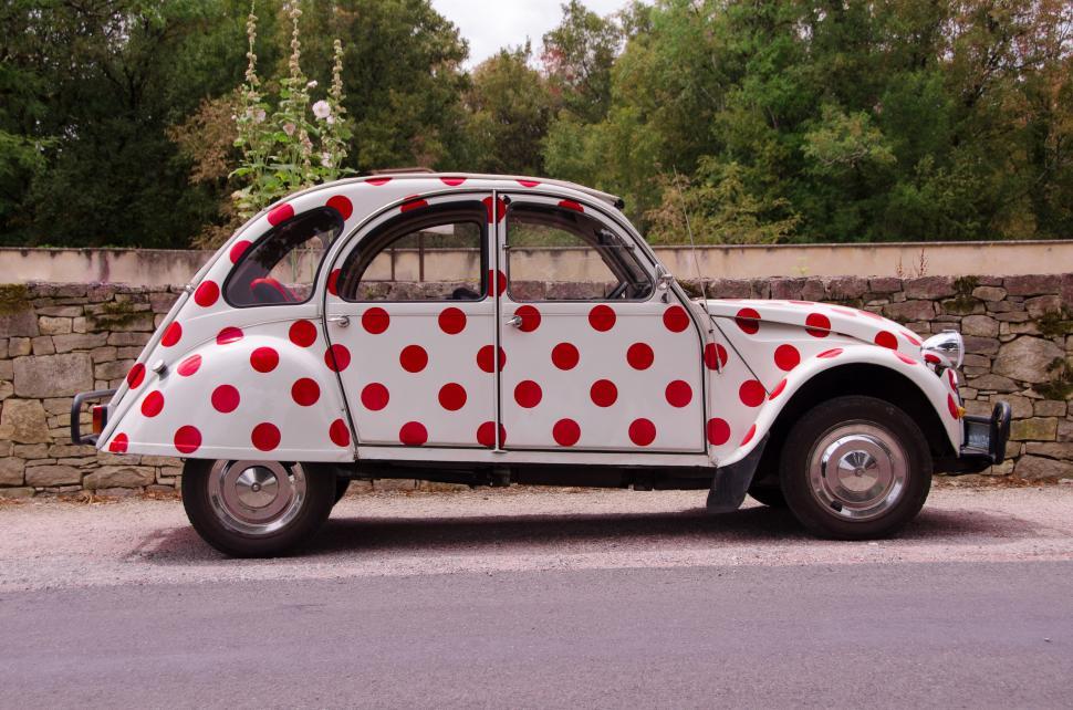 Free Stock Photo of Polka Dot Car Parked on Side of Road | Download ...