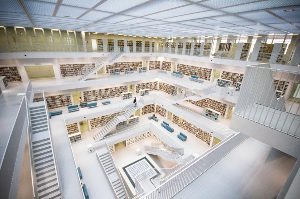 Free Stock Photo of Aerial View of Library With Stairs and Bookshelves ...