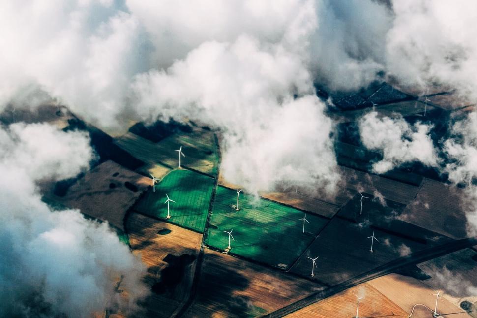 Free Stock Photo of Aerial View of Wind Farm Amidst Clouds | Download ...