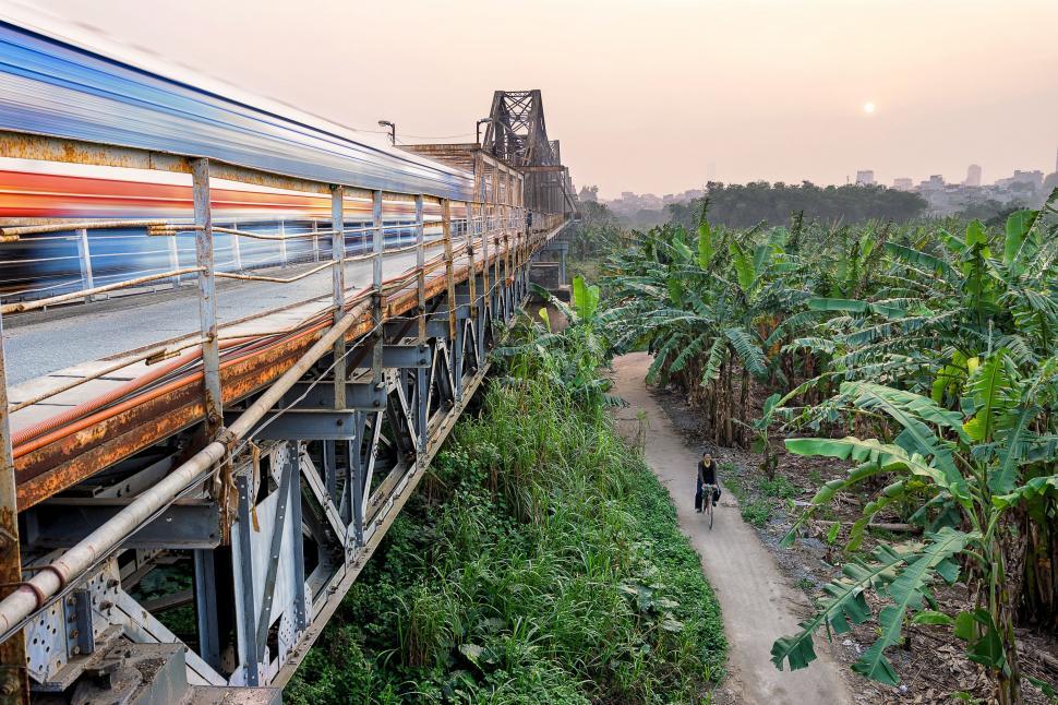 Free Stock Photo of Train Crossing Bridge Next to Lush Green Forest ...